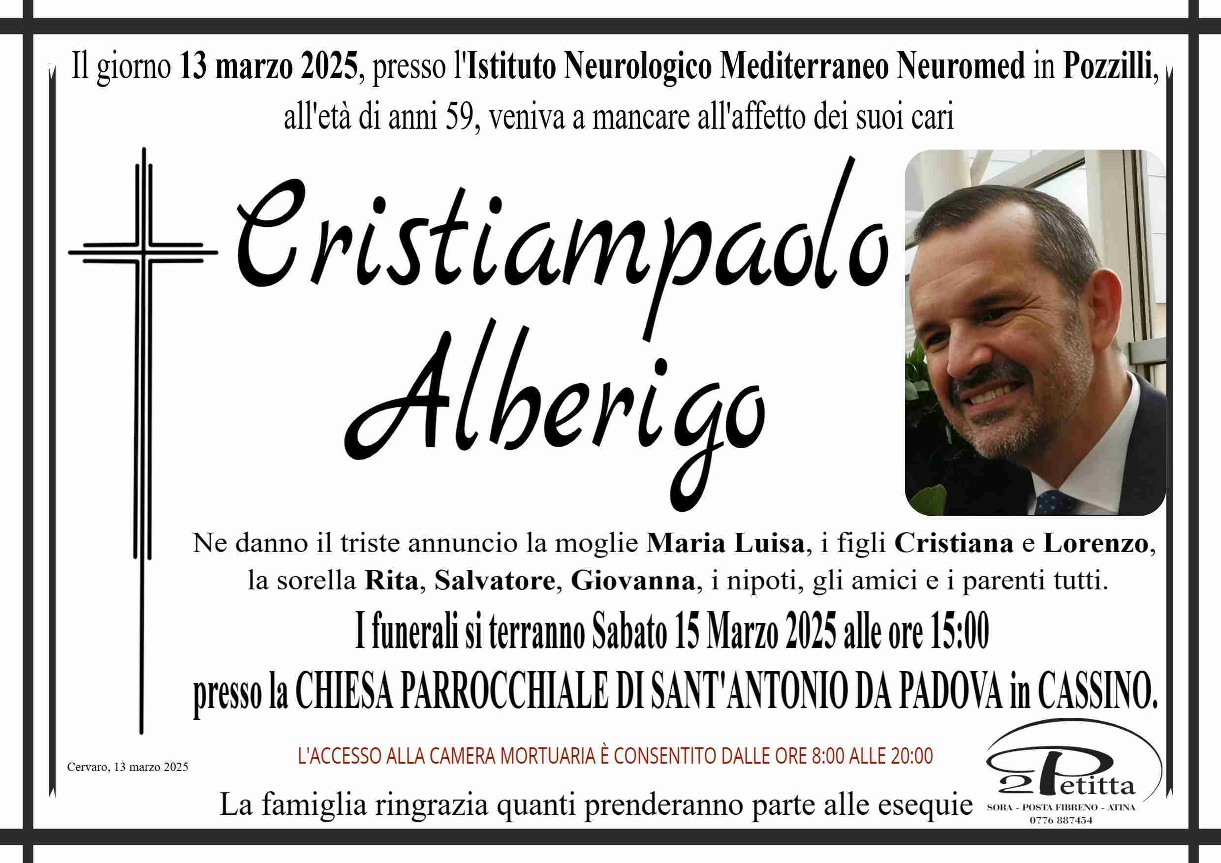 Funerali e annunci funebri a Cervaro | Cristiampaolo Alberigo - Funer24