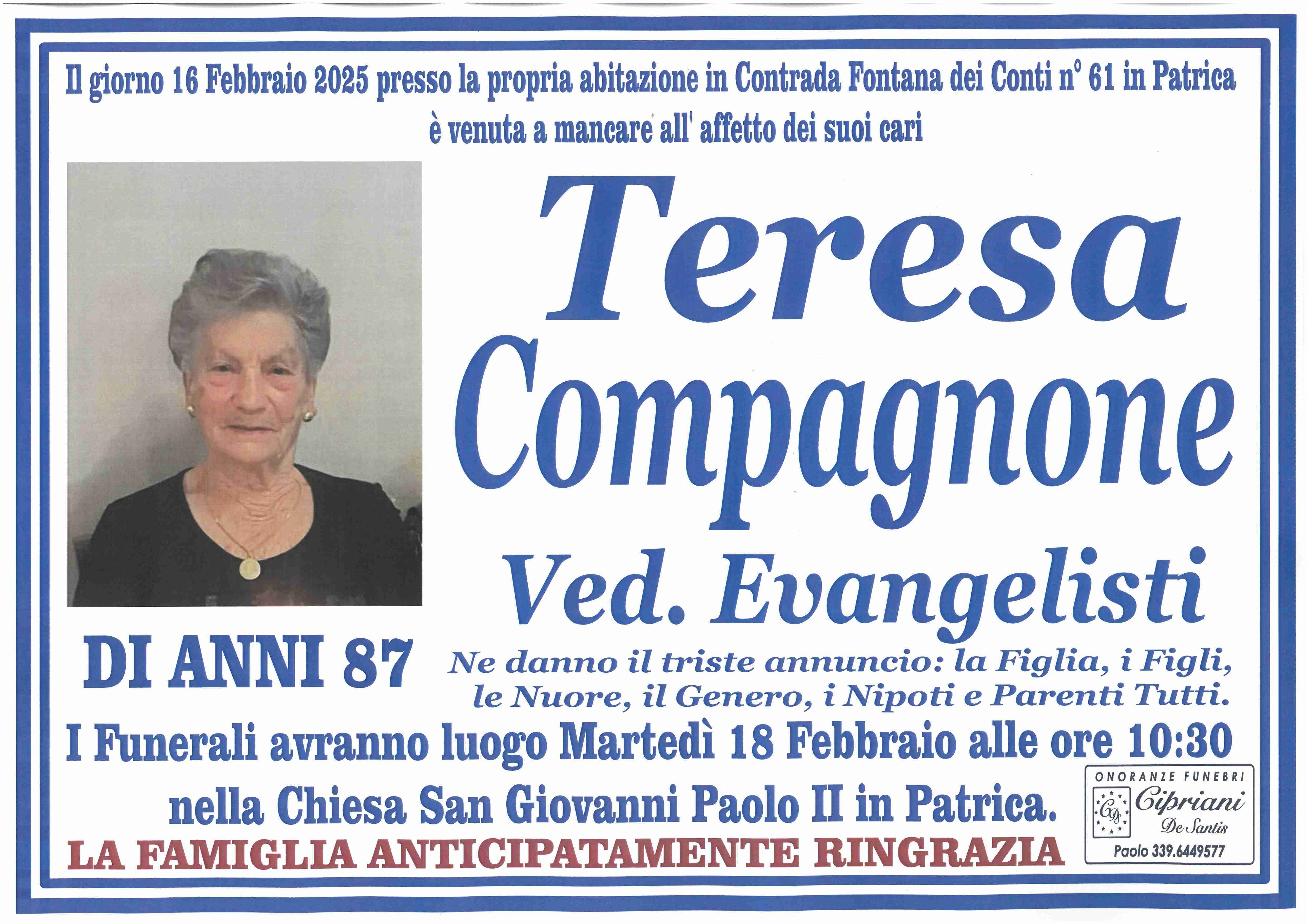 Funerali e annunci funebri a Patrica | Teresa Compagnone - Funer24