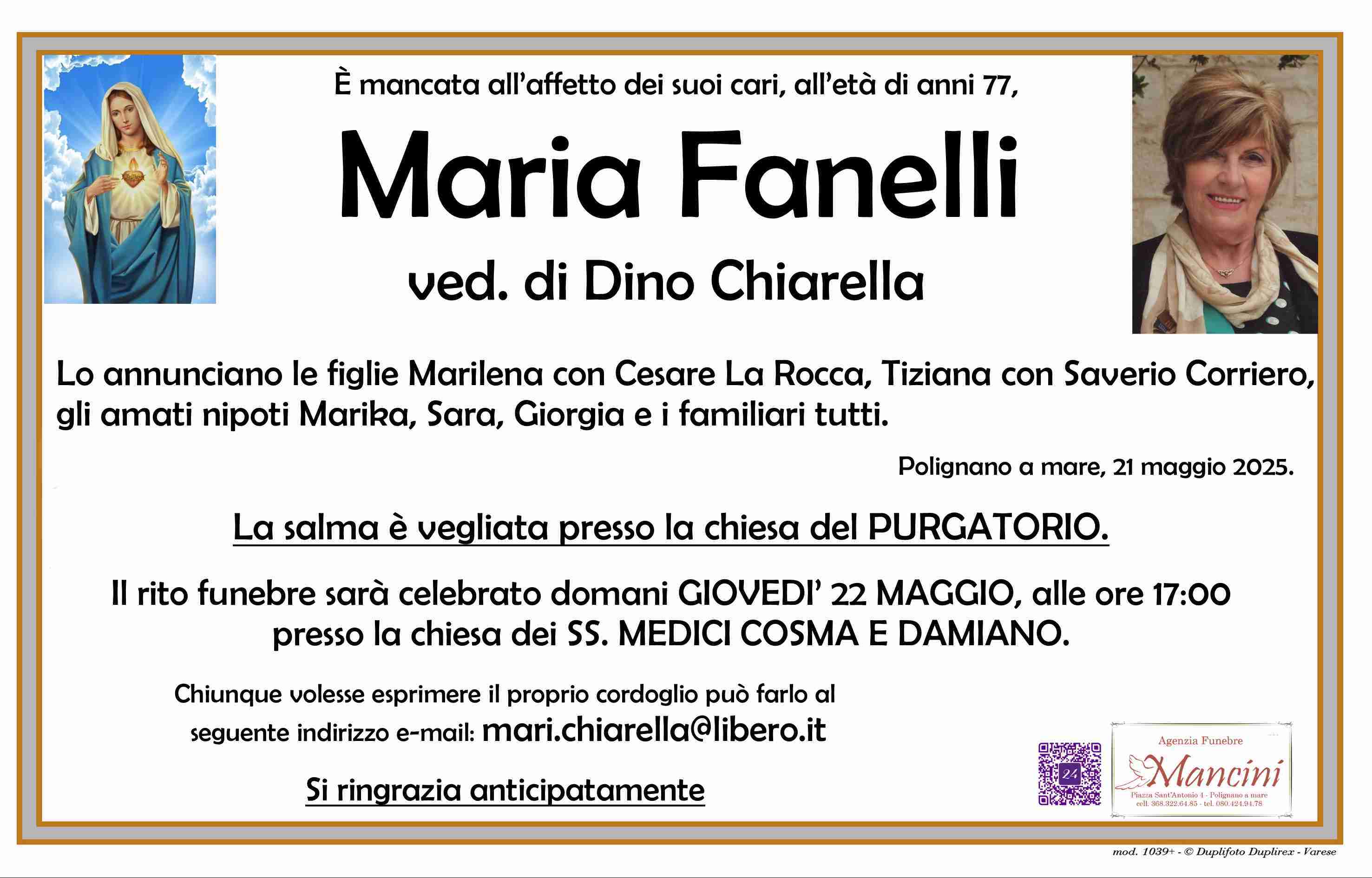Funerali e annunci funebri a Polignano a Mare | Maria Fanelli - Funer24