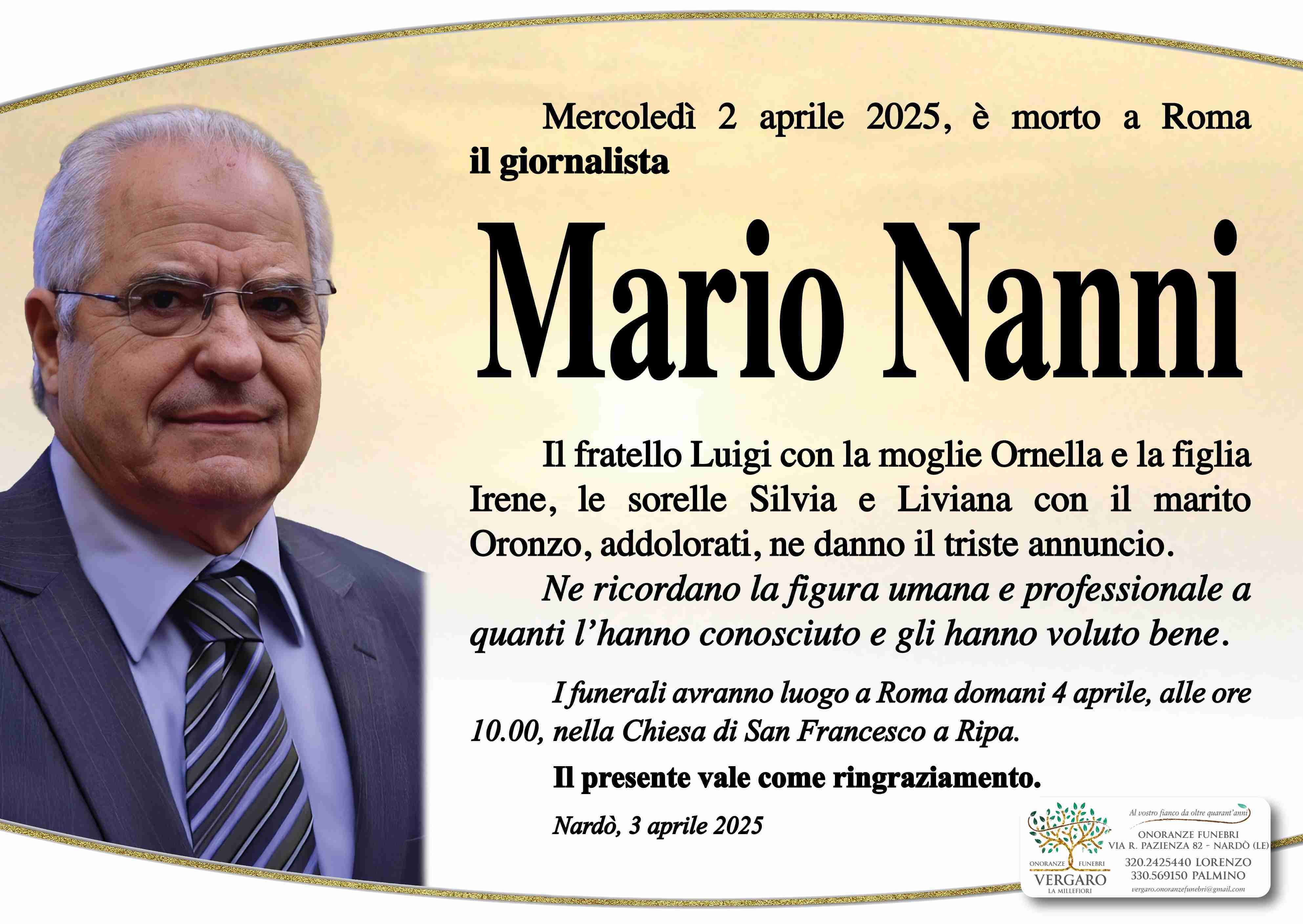 Funerali e annunci funebri a | Mario Nanni - Funer24