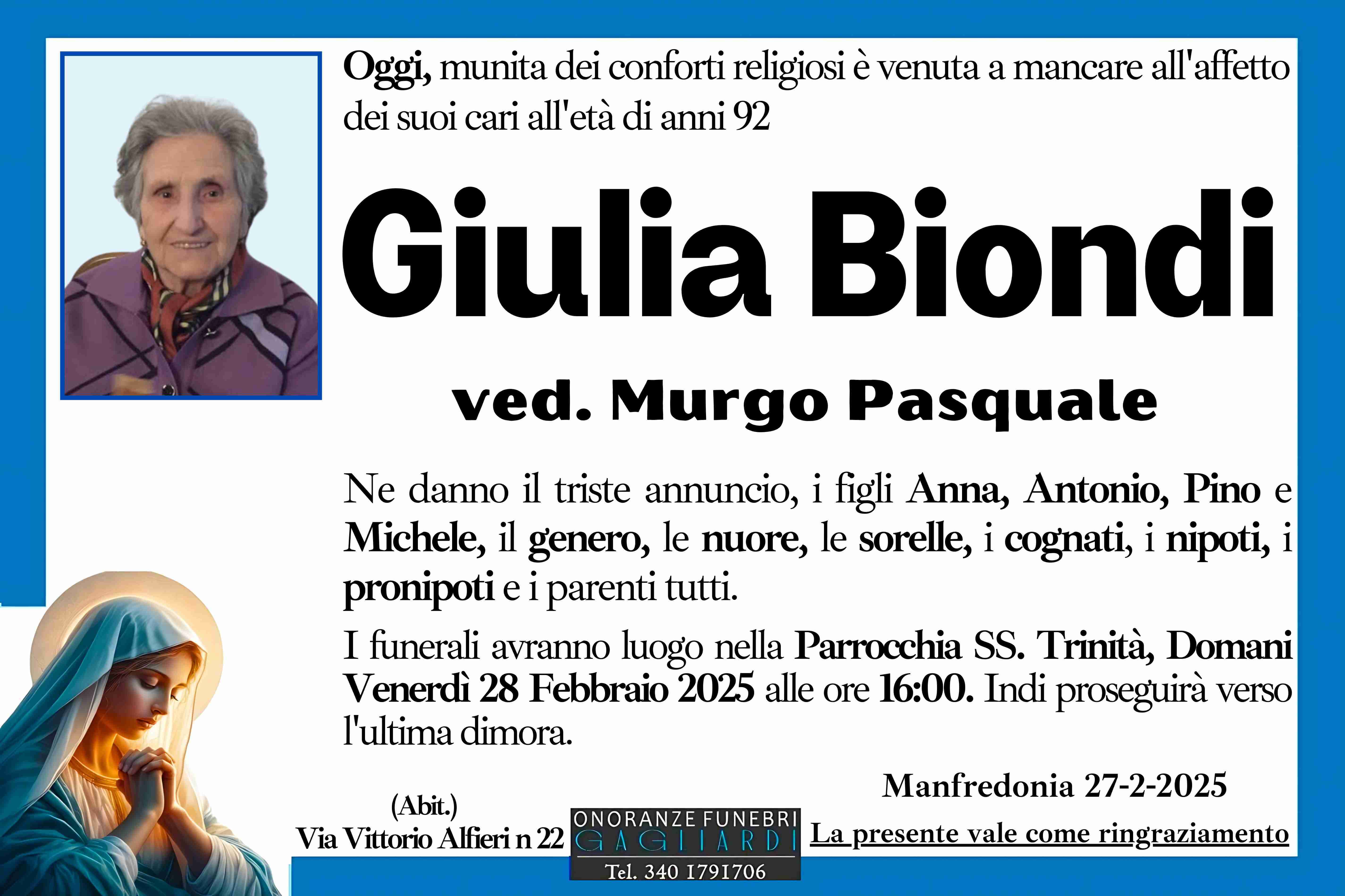 Funerali e annunci funebri a Manfredonia | Giulia Biondi - Funer24