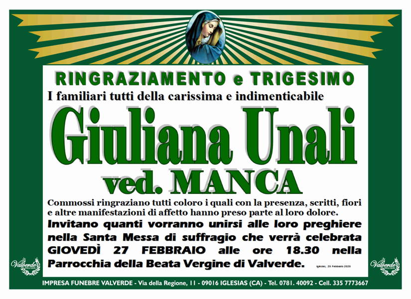 Funerali e annunci funebri a | Giuliana Unali - Funer24