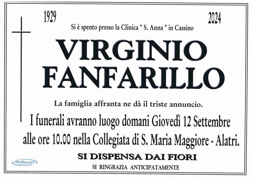 Funerali e annunci funebri a Alatri | Virginio Fanfarillo - Funer24