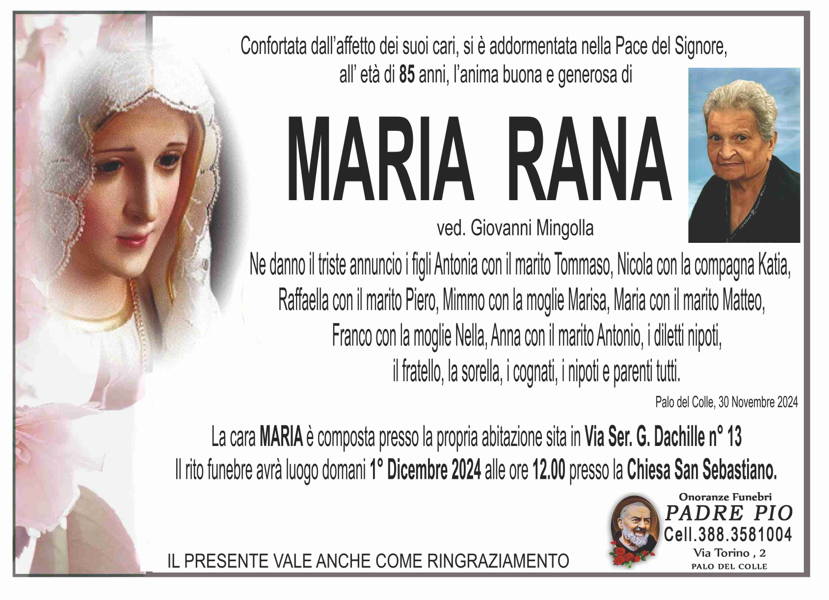 Funerali e annunci funebri a Palo del Colle | Maria Rana - Funer24