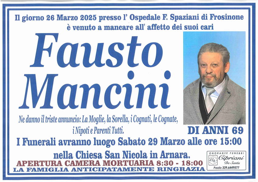 Funerali e annunci funebri a Ceccano | Fausto Mancini - Funer24