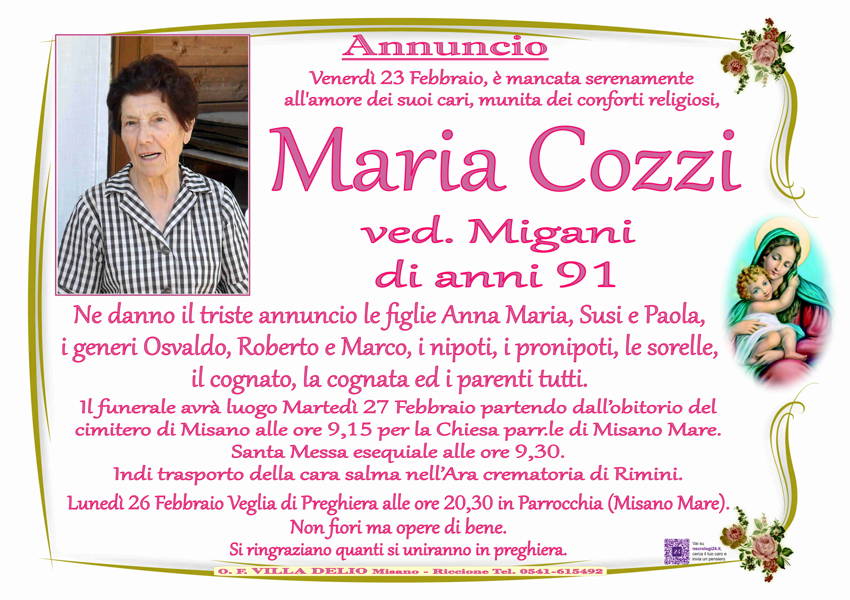 Funerali e annunci funebri a Misano Adriatico | Maria Cozzi - Funer24