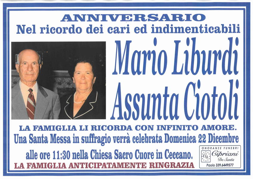 Funerali e annunci funebri a | Mario Liburdi Assunta Ciotoli - Funer24