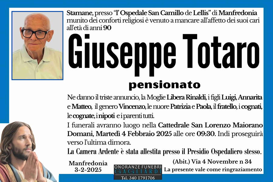 Funerali e annunci funebri a Manfredonia | Giuseppe Totaro - Funer24