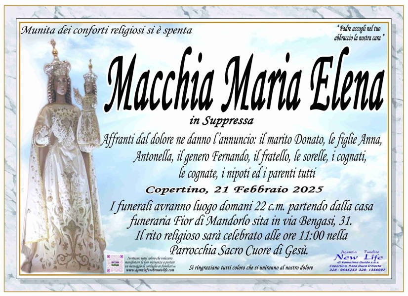 Funerali e annunci funebri a Copertino | Maria Elena Macchia - Funer24