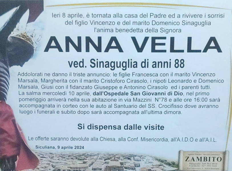 Funerali e annunci funebri a Siculiana | Anna Vella - Funer24