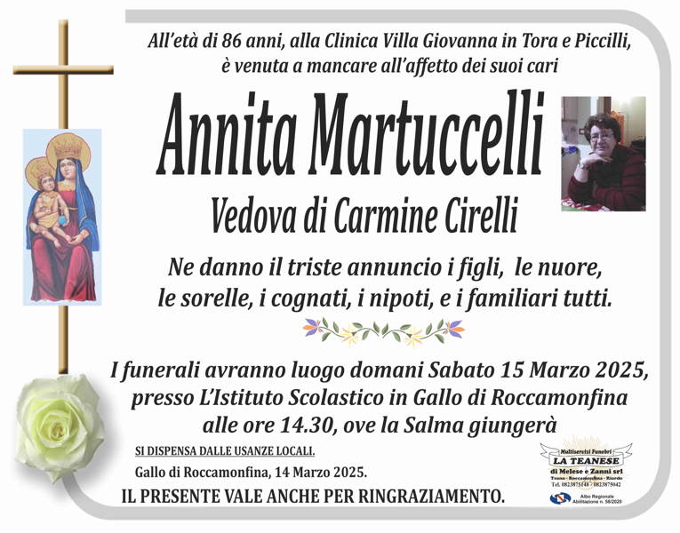 Funerali e annunci funebri a Roccamonfina | Annita Martuccelli - Funer24