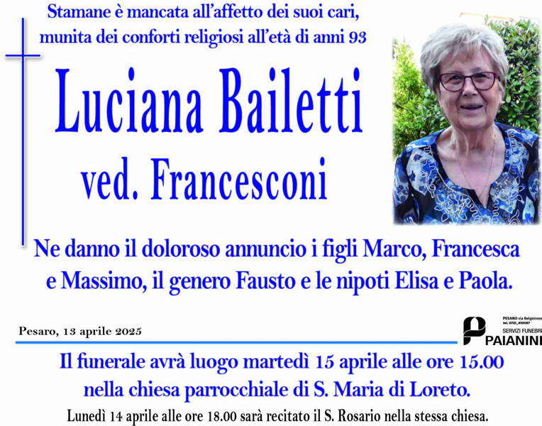 Funerali e annunci funebri a Pesaro | Luciana Bailetti - Funer24