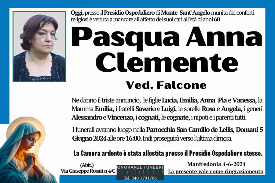 Funerali e annunci funebri a Manfredonia | Pasqua Anna Clemente - Funer24