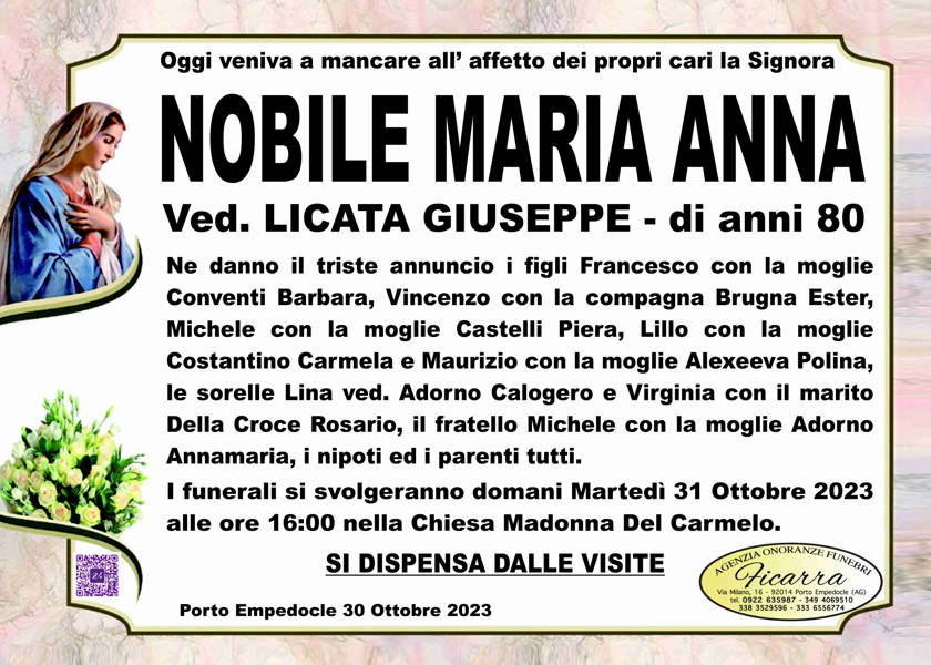 Funerali e annunci funebri a Porto Empedocle | Maria Anna Nobile - Funer24